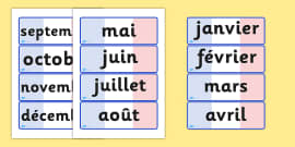 French Months of the Year Word Cards English Translation - months, year
