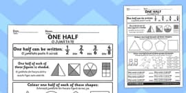 One Half Worksheet - Maths Fractions Halves Activity