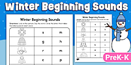 Winter Beginning Sounds Worksheet for PreK-K