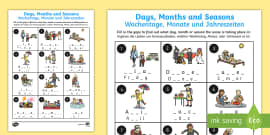 Tage, Monate und Jahreszeiten Wort Matte German - Twinkl