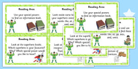 EYFS Superhero Themed Writing and Drawing Area Challenge Cards