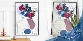 Spring Flowers Girl Abstract Line Art Botanical Poster