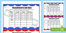 Measurements and Area Table Worksheet / Worksheet - Twinkl
