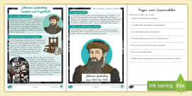 Johannes Gutenberg Activity Sheet 5th and 6th Class