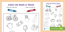 Needs and Wants Cut and Paste Sorting Activity for K-2nd Grade