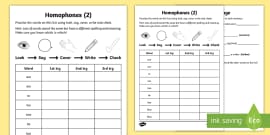 Grade 3 Phonics: Homophones: Homework Sheet (teacher made)