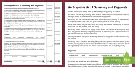 An Inspector Calls: Act 1 Plot Summary (Part 1) Sheet