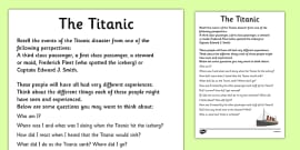 Second Grade The Titanic Reading Passage Comprehension Activity