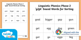 Linguistic Phonics Phase 2 'g/gh' Sound Sorting Activity Sheet