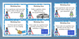 EYFS Superhero Themed Writing and Drawing Area Challenge Cards
