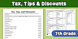 Seventh Grade Tax, Tips, and Discount Worksheet