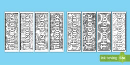 FREE! - Theodore Name Simple Colouring Bookmarks - Twinkl