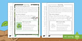 First Grade Earth Day Reading Passage Comprehension Activity
