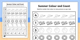 Colorea y cuenta: El verano Summer Themed Count and Colour Sheet Spanish