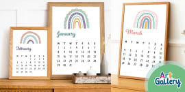 Muted Rainbow-Themed 2024 Wall Calendar Poster - Twinkl