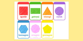 3D Shapes Word Mat English/Welsh - Bilingual Welsh and English