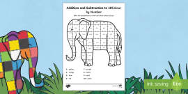 Elmer Themed Addition of Three 1 Digit Numbers Colour by Numbers Sheet