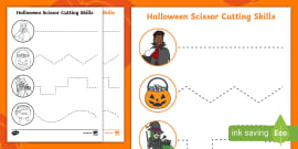 Halloween Cutting Skills Worksheet (teacher made) - Twinkl