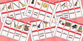 Musical Instrument Flashcards - Music, instrument, action, word card