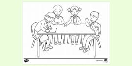 FREE! - 4 Children Sitting at a Table Colouring Sheet