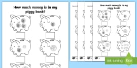 How Much Money Is In My Piggy Bank? Specific Amounts Worksheets - money