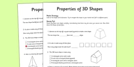 Year 3 Properties of 3D Shapes Worksheet / Worksheet Pack
