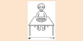 Child Pushing in Dinner Queue Colouring | Colouring Sheets