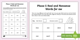Phase 5 'aw' Words Flashcards Real & Nonsense Words