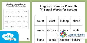 'k' sound Phase 3b - Stage 5/6 Phonics - Linguistic Phonics - Resources