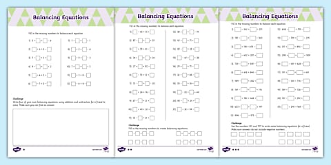 Balancing Equations Addition and Subtraction within 20 Worksheets