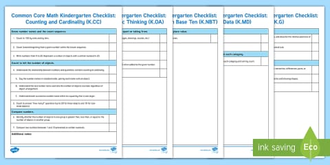Common Core Math Kindergarten Standards Student Mastery Checklist