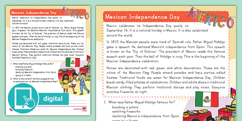Fifth Grade Mexican Independence Day Reading Passage Comprehension ...