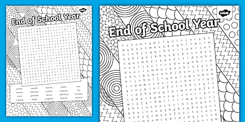 End of School Year Word Search for 3rd-5th Grade