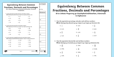 Equivalency Between Common Fractions, Decimals and Percentages Activity ...
