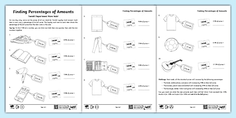 Finding 50%, 25% and 10% of Amounts Worksheets