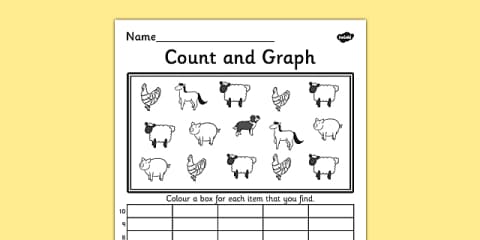 First Grade Farm Animals Count, Tally, and Graph Worksheet