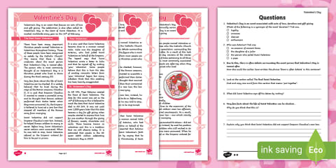 Saint Valentine Reading Comprehension Activity