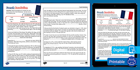 Sixth Grade French Revolution Reading Comprehension Worksheet