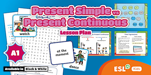 ESL Present Simple vs Present Continuous Cards [Kids, A1]