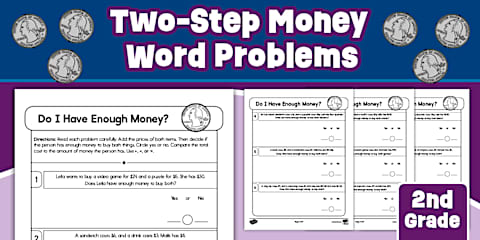 Second Grade Counting Mixed Coins and Bills Worksheets