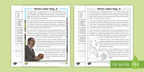 Third Grade All About Martin Luther King Jr. Reading Comprehension ...