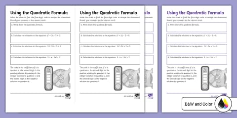 Quadratic Equations and Parabolas Matching Cards