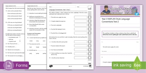NAPLAN Style English Reading Year 3 Example Test Set 2 Exam Questions ...
