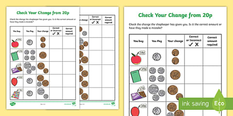 Calculating Change from 20p Worksheet