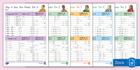 Basic Facts Test Set 1 - Number Knowledge - Stages 3 - 8 Pack