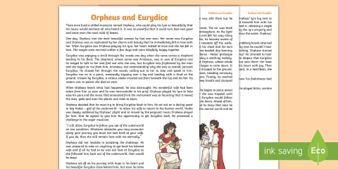 Orpheus and Eurydice Reading Comprehension Activity