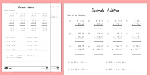 Addition of Decimals to 2 Decimal Places Activity Sheet