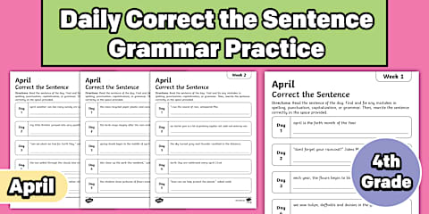 Fourth Grade August Daily Correct the Sentence Grammar Practice Worksheets
