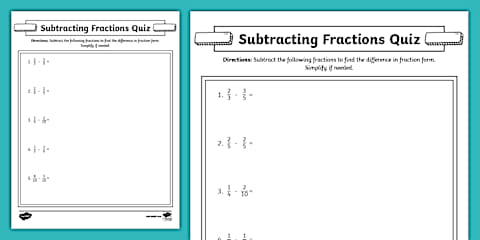 Fifth Grade Adding, Subtracting, Multiplying, and Dividing Fractions Quiz
