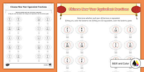 Third Grade Chinese New Year Equivalent Fractions Matching Worksheet